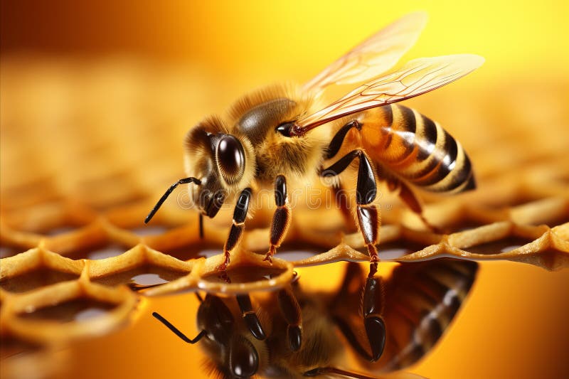 Busy Bee in a Vibrant Honeycomb. Macro Stock Illustration ...
