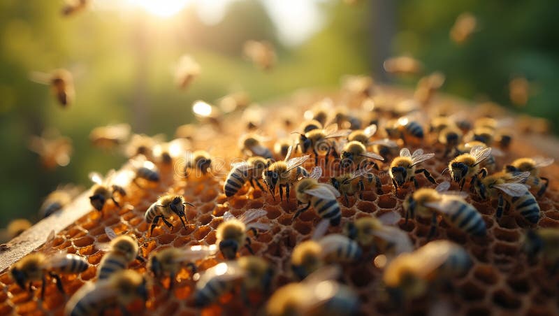 Busy Bees Collecting Pollen in Sunlit Forest Hive Stock Illustration ...