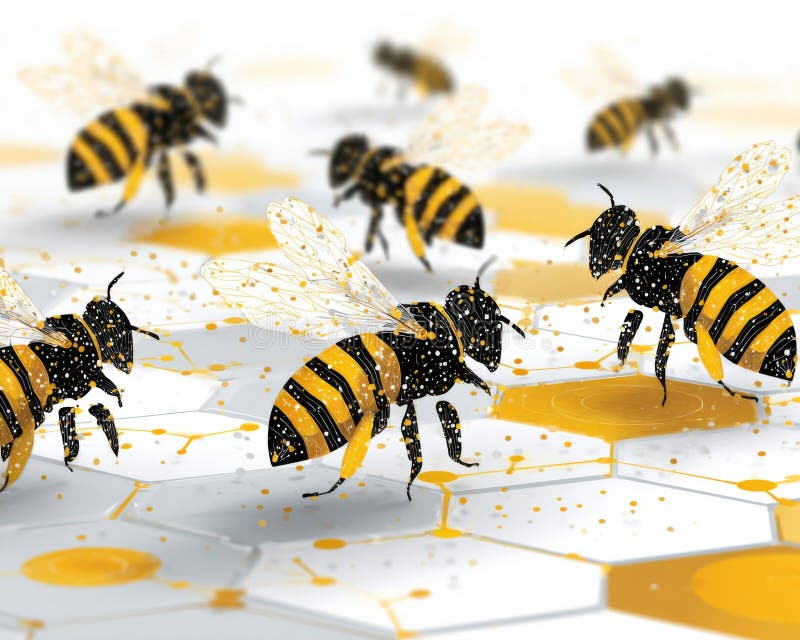 Busy Bees on Honeycomb: Detailed Close Up Stock Illustration ...