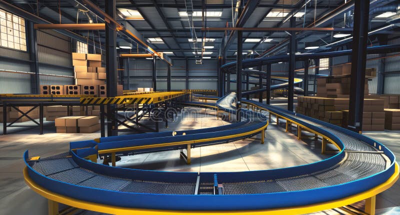 Busy Blue and Yellow Conveyor Belt Warehouse Stock Image - Image of ...