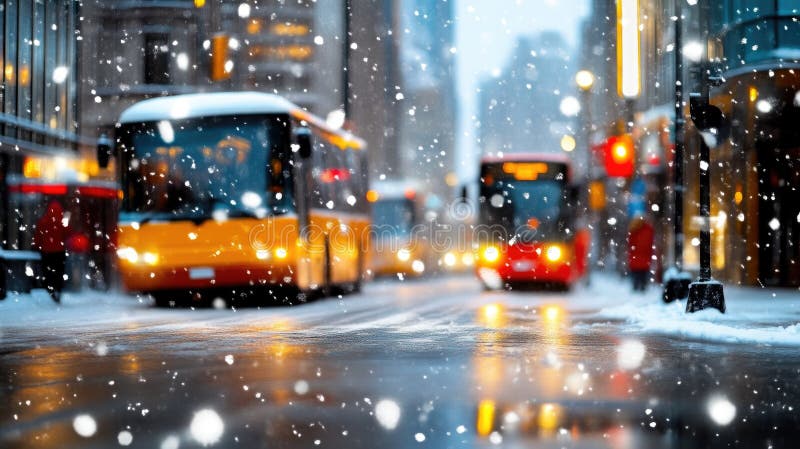 Busy Bus Stop Under Snowy Sky. Stock Illustration - Illustration of ...