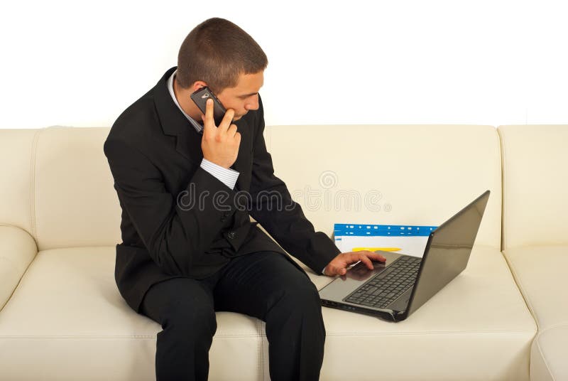 Busy Business Man Sitting on Sofa Stock Image - Image of caucasian ...