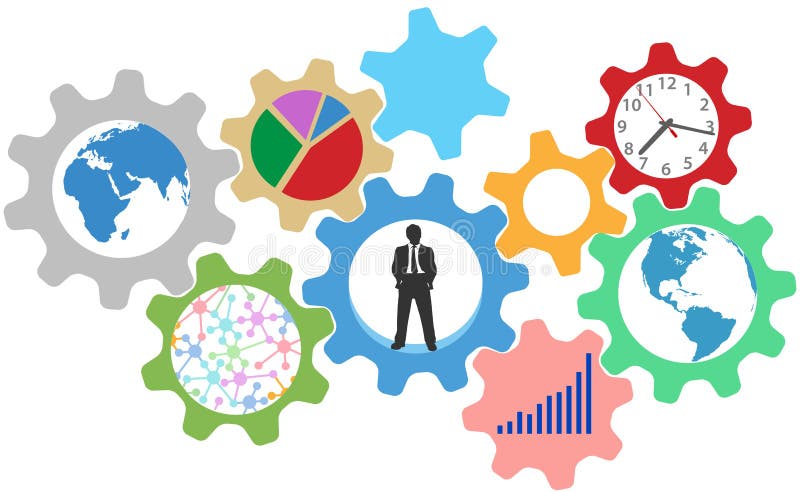 Busy Business Person Work in Gears Stock Vector - Illustration of globe ...