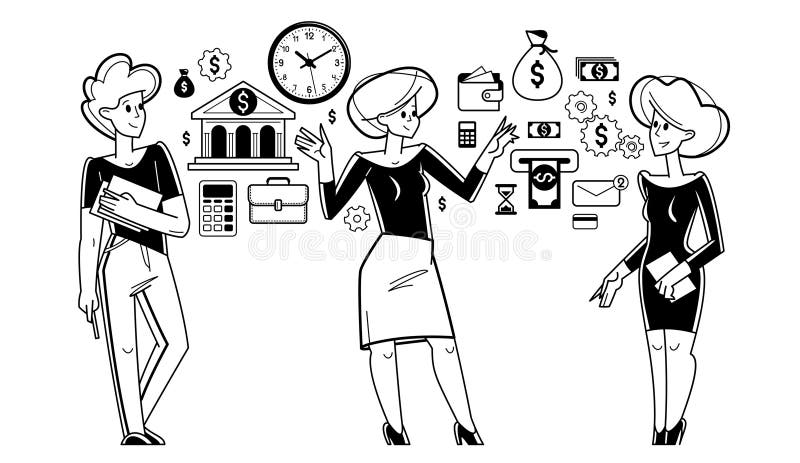 Busy Business Team Working on Some Commercial Project Vector Outline ... Busy Business Team Working on Some Commercial Project Vector Outline ...