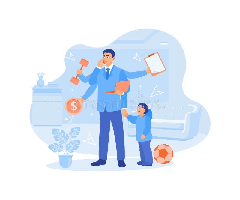 Busy Businessman at Home. Man with Boy, Working and Exercising at Home ...