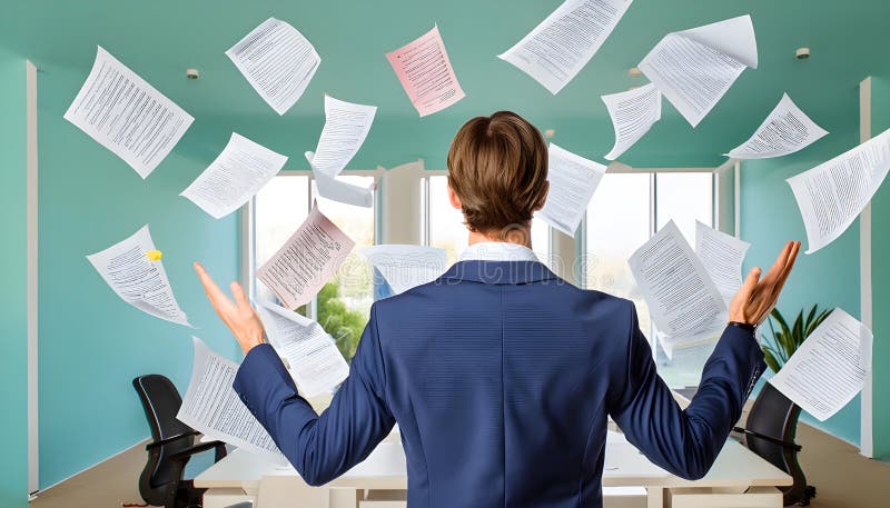 Busy Businessman with Pile of Papers Flying on Air Stock Illustration ...