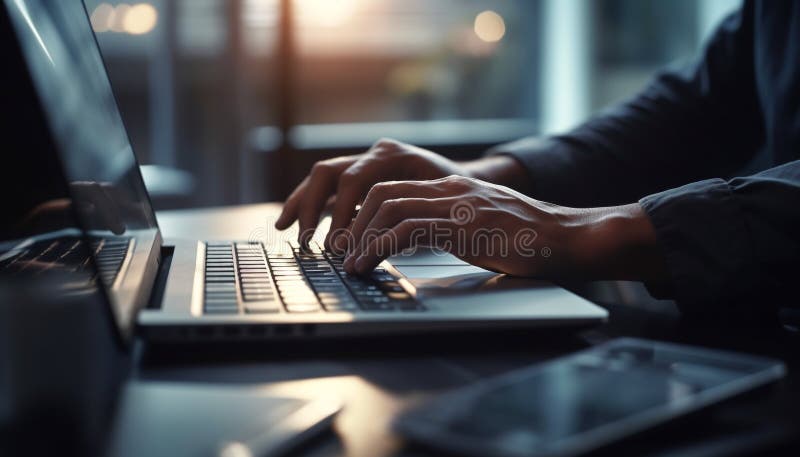 A Busy Businessman Typing on Laptop in Modern Office Generated by AI ...