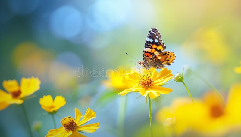 Busy Butterfly Pollinating a Yellow Flower in Nature Generated Stock ...