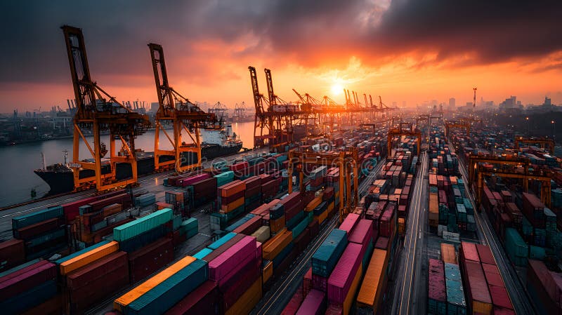 A Busy Cargo Container Yard with Neatly Stacked Shipping Containers in ...