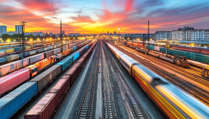 Busy Cargo Train Terminal with Freight Trains at Sunset, Transportation ...