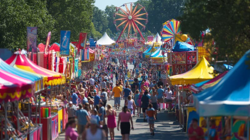 A Busy Carnival Midway with a Ferris Wheel and Crowds of People Stock ...