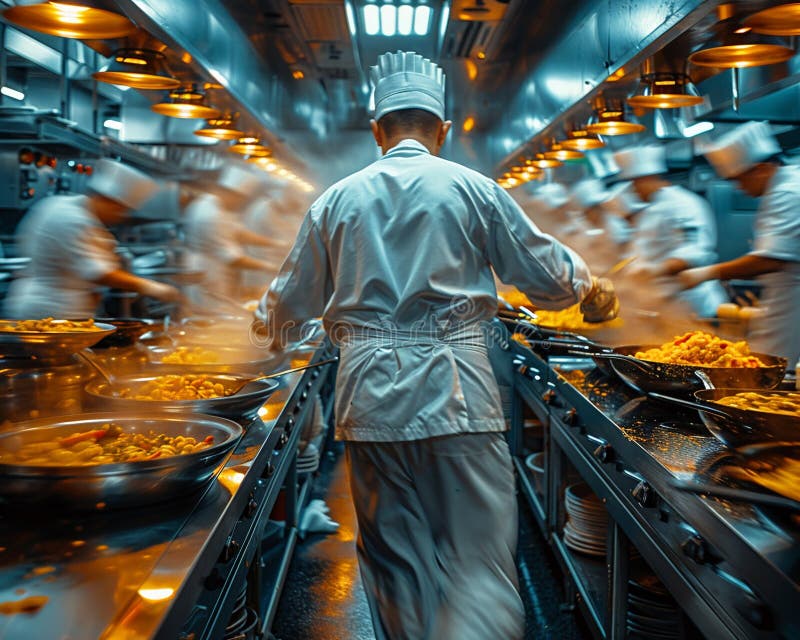Busy Chef in Restaurant Kitchen with Blurred Motion of Cooking Stock ...