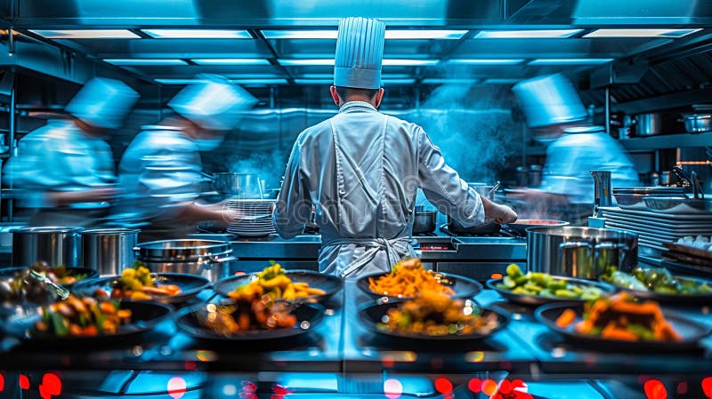 Busy Chef in Restaurant Kitchen with Blurred Motion of Cooking Stock ...