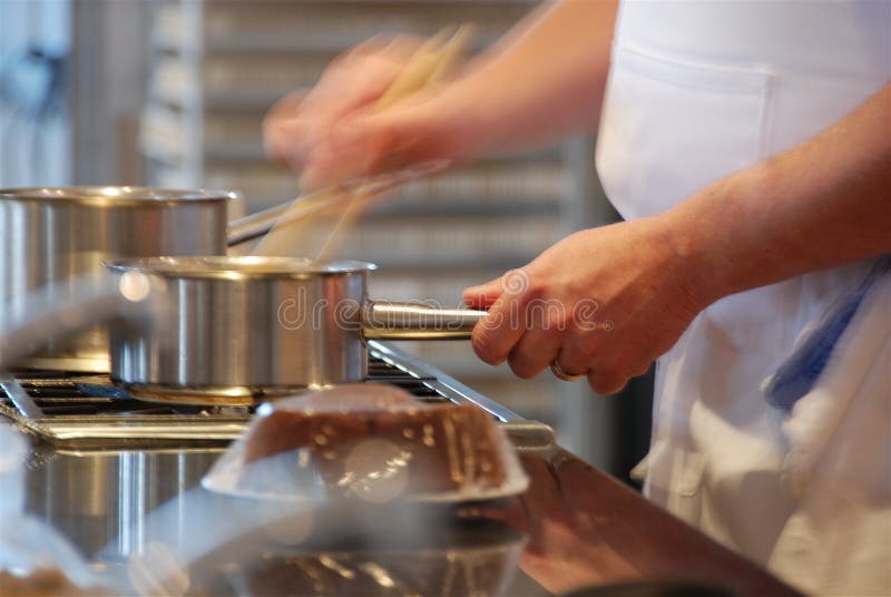 Chef in Restaurant Kitchen at Stove with Pan Stock Image - Image of ...