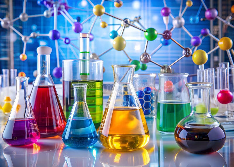 A Busy Chemistry Lab Colorful Beakers Bubbling Flasks and Molecular ...