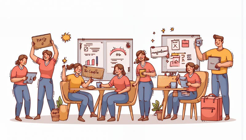 Busy Chibi Characters in a Vibrant Office Setting Stock Illustration ...