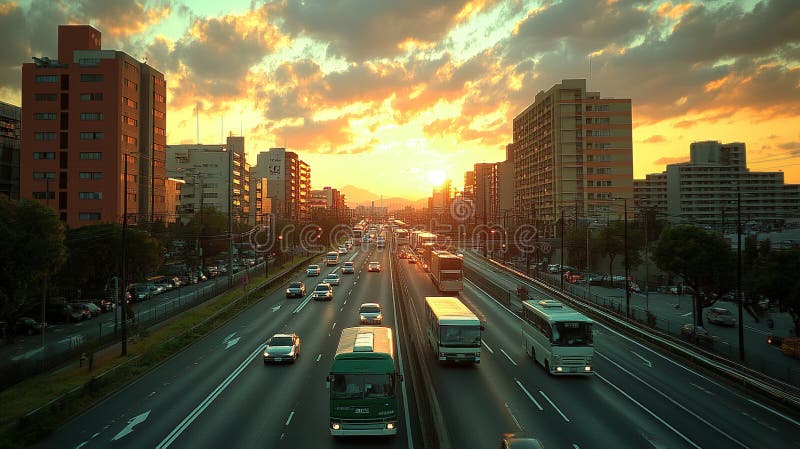 Busy City Highway at Sunset with Tall Buildings Stock Illustration ...