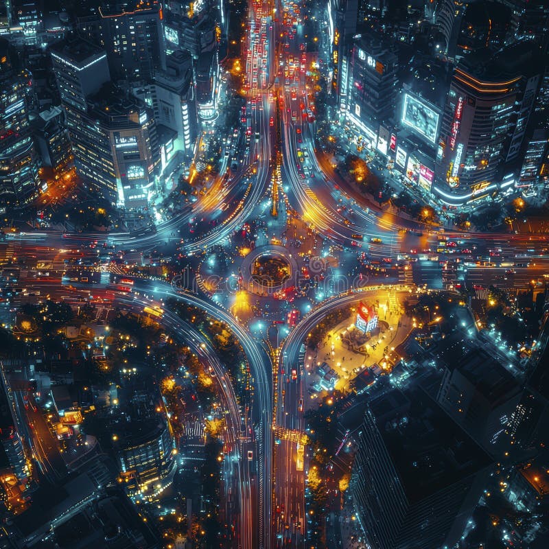 A Busy City Intersection at Night, with the Dynamic Movement of ...