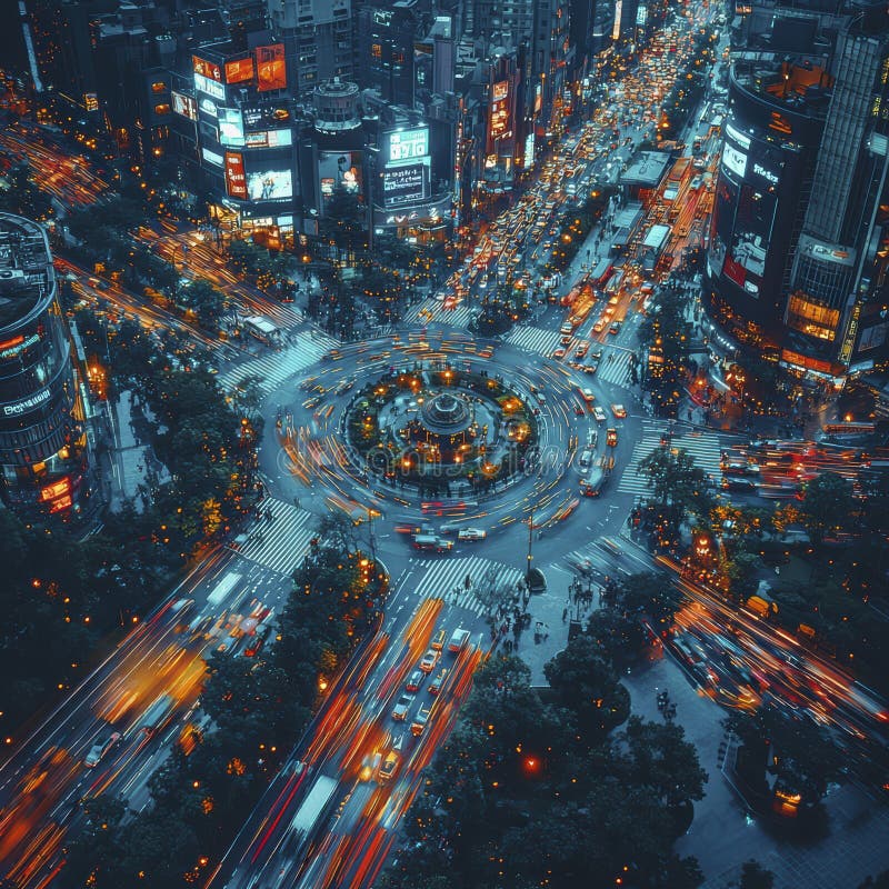 A Busy City Intersection at Night, with the Dynamic Movement of ...