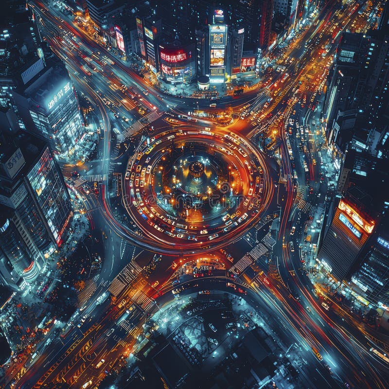 A Busy City Intersection at Night, with the Dynamic Movement of ...