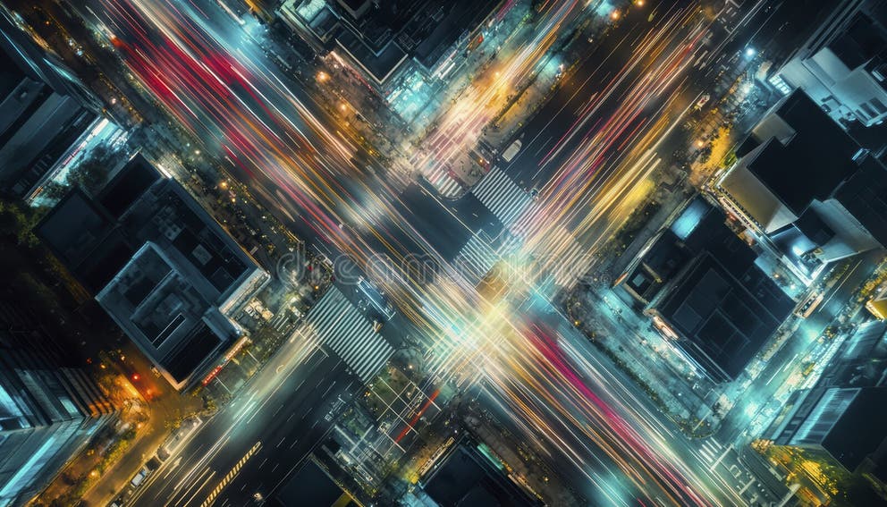 A Busy City Intersection at Night, with the Dynamic Movement of ...