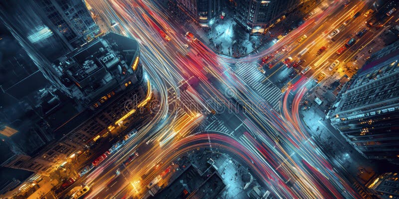 A Busy City Intersection at Night, with the Dynamic Movement of ...