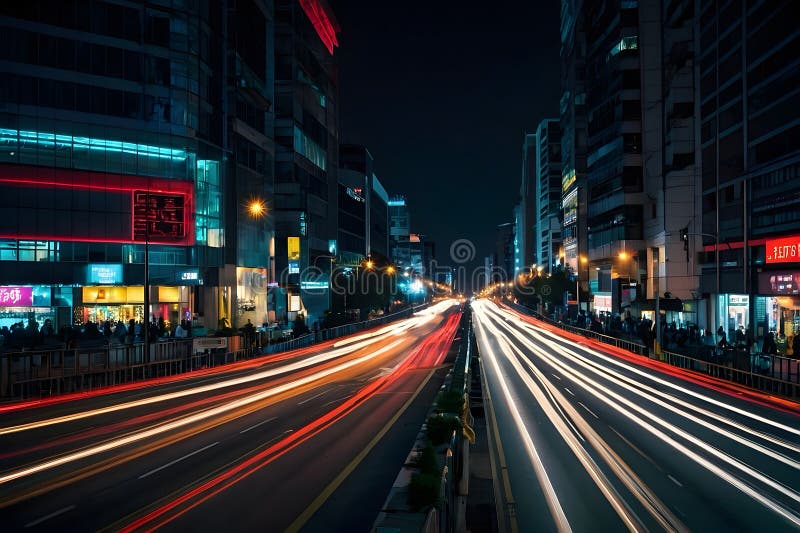 A Busy City with Traffic Lights Trails at Night Stock Photo - Image of ...