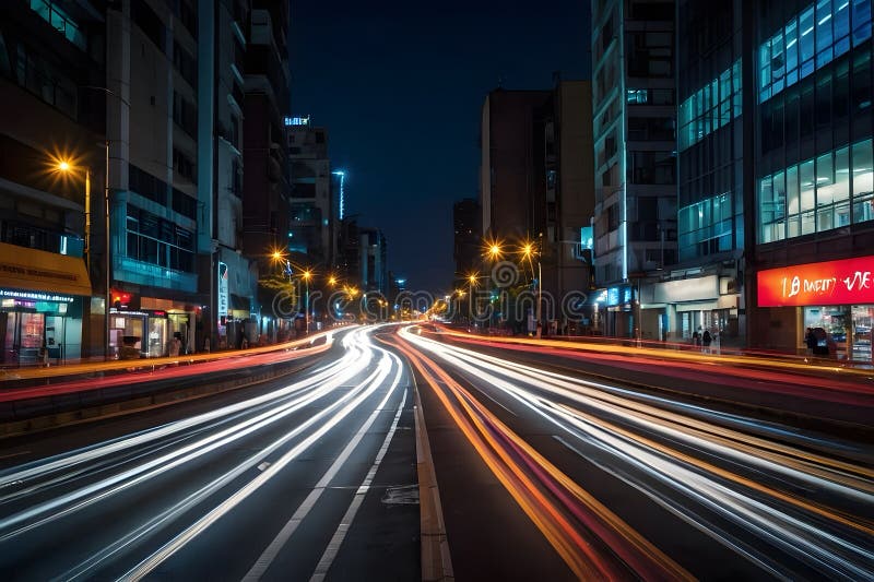 A Busy City with Traffic Lights Trails at Night Stock Image - Image of ...