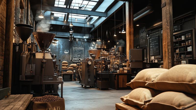 A Busy Coffee Roastery with Sacks of Beans and Steaming Machines Stock ...
