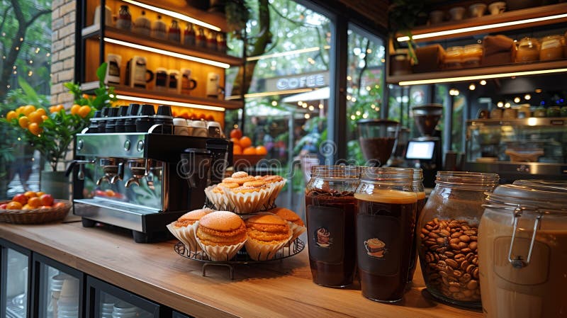 Busy Coffee Shop with Wide Range of Coffees and Pastries on Display ...