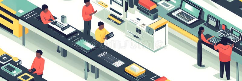 Busy Collaborative Computer Workstation Scene Stock Illustration ...