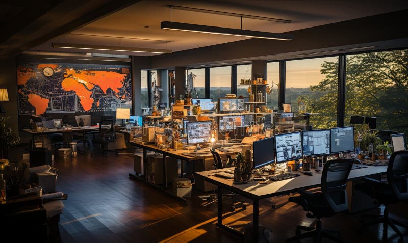 Busy Computer Room with Desks Stock Photo - Image of office, network ...