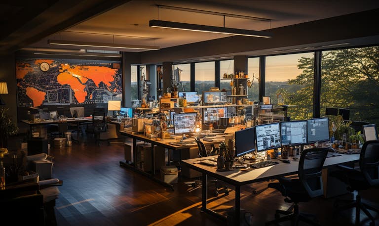 Busy Computer Room with Desks Stock Photo - Image of office, network ...