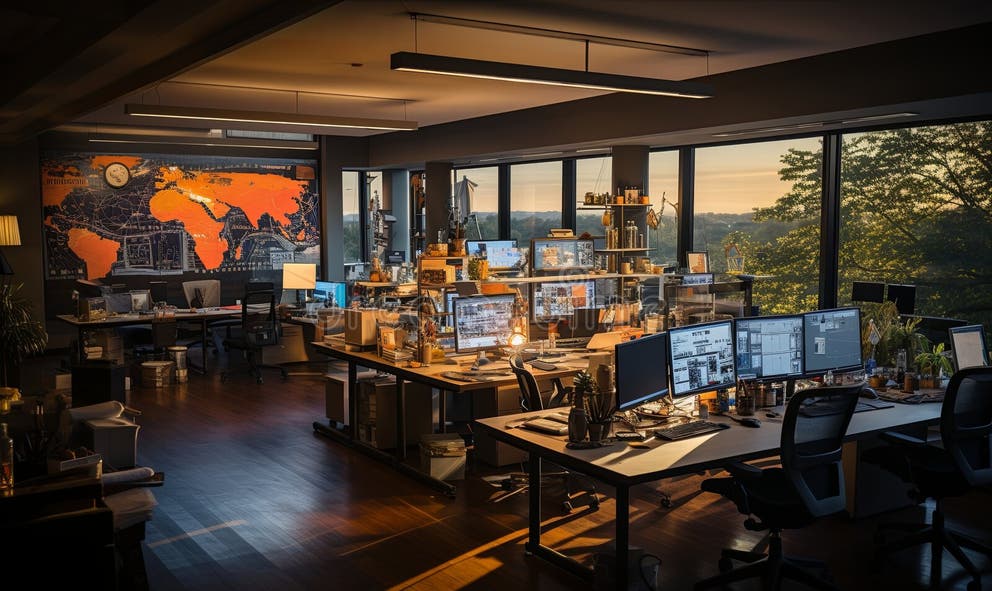 Busy Computer Room with Desks Stock Photo - Image of office, network ...