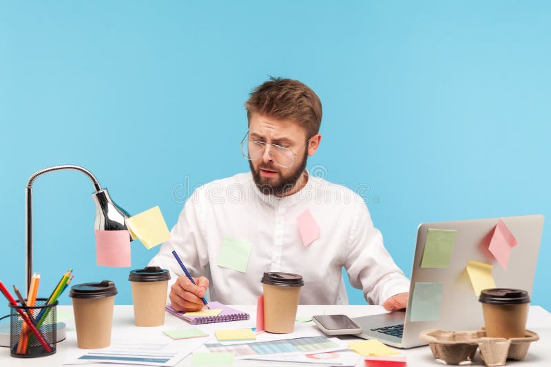 Busy Concentrated Man Office Worker Sitting at Workplace All Covered ...