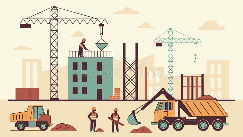 Busy Construction Site with Cranes and Buildings, Vector Design ...