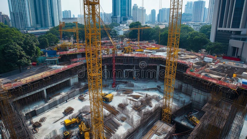 Busy Construction Site with Cranes Lifting Materials into Place Stock ...
