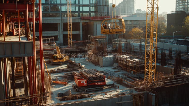 Busy Construction Site with Cranes Lifting Materials into Place Stock ...
