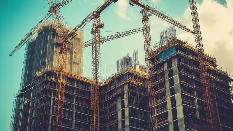 Busy Construction Site with Cranes Lifting Materials into Place Stock ...
