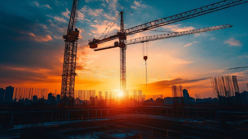 Busy Construction Site with Cranes Lifting Materials into Place Stock ...