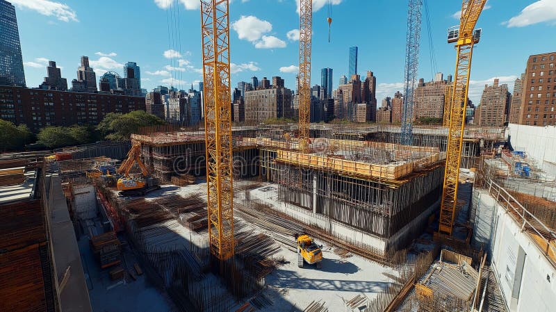 Busy Construction Site with Cranes Lifting Materials into Place Stock ...