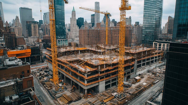 Busy Construction Site with Cranes Lifting Materials into Place Stock ...