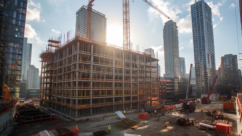 Busy Construction Site with Cranes Lifting Materials and Workers Stock ...