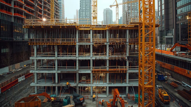 Busy Construction Site with Cranes Lifting Materials and Workers Stock ...