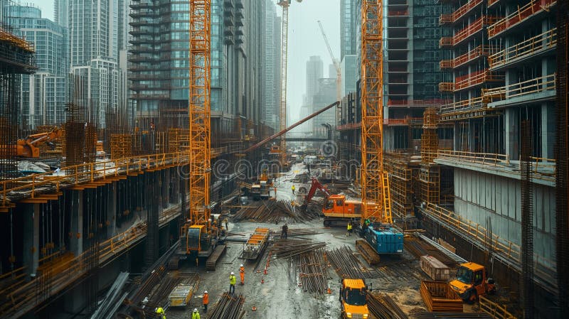 Busy Construction Site with Cranes Lifting Materials and Workers Stock ...