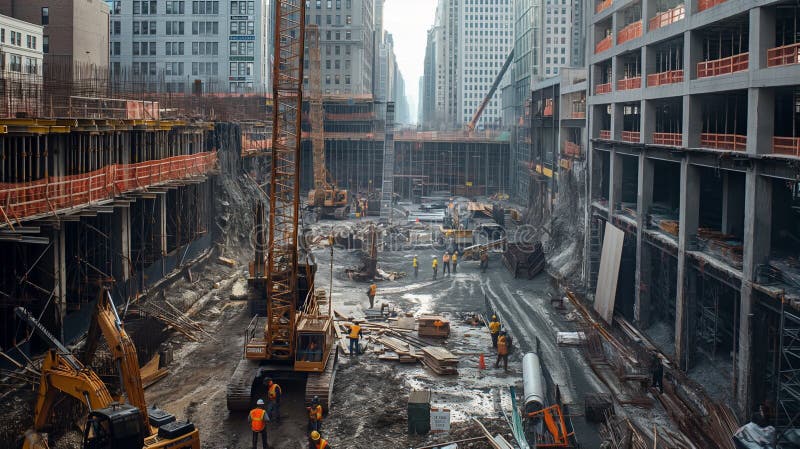 Busy Construction Site with Cranes Lifting Materials and Workers Stock ...