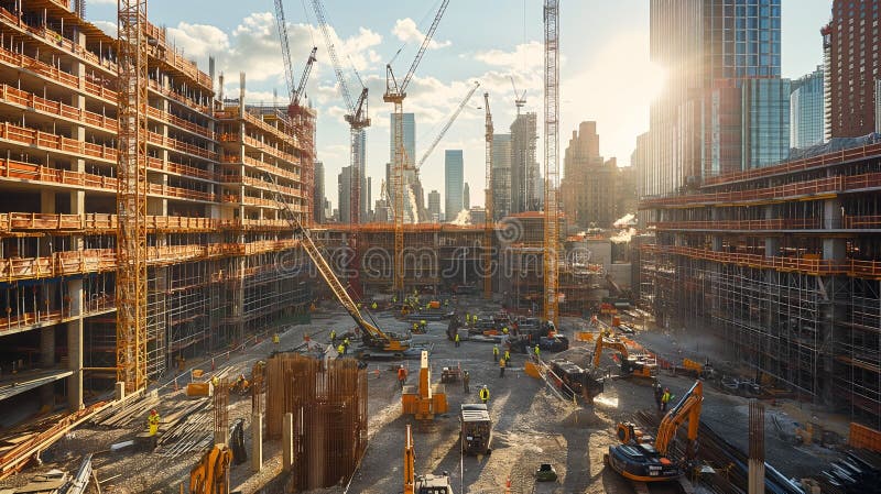 Busy Construction Site with Cranes Lifting Materials and Workers Stock ...