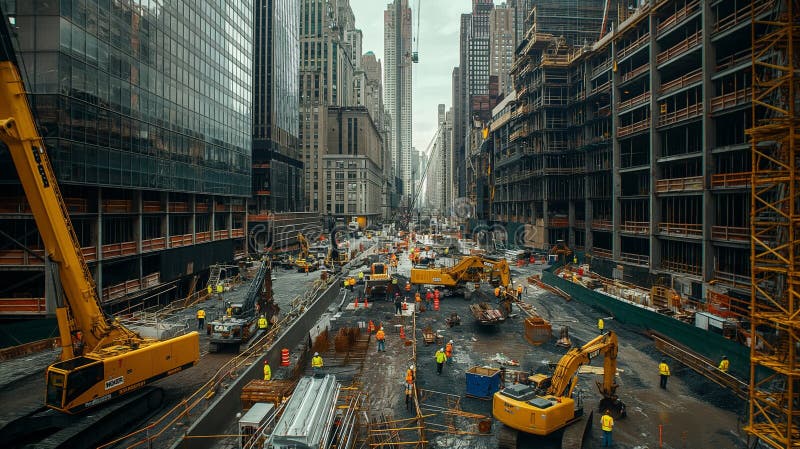 Busy Construction Site with Cranes Lifting Materials and Workers Stock ...
