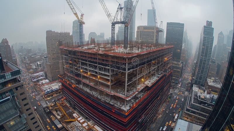 Busy Construction Site with Cranes Lifting Materials and Workers Stock ...