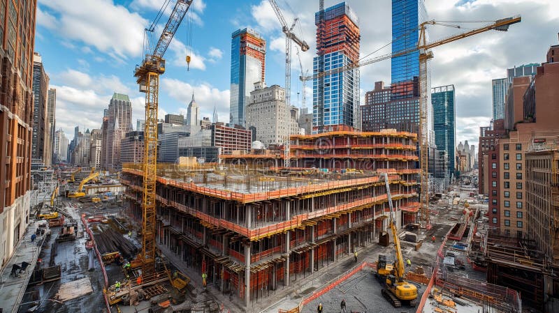Busy Construction Site with Cranes Lifting Materials and Workers Stock ...